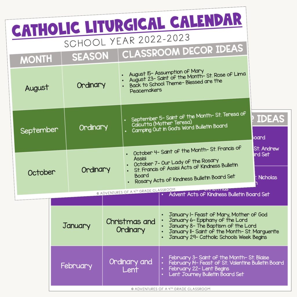 Liturgical Calendar Freebie - Adventures of a 4th Grade Classroom